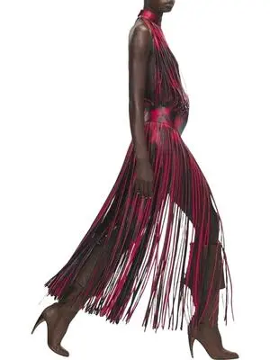 Alexander McQueen Floral-print Leather Fringe Maxi Dress - Blackmulti