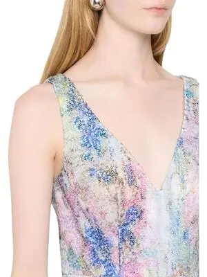 Pamella Roland Sleeveless Printed Sequin Column Gown - Blue Multi