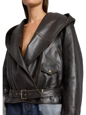 Alaïa Leather Hooded Biker Jacket - Ebene