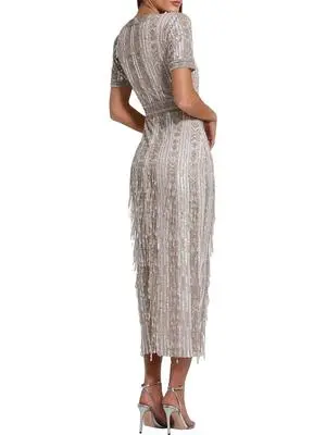 Mac Duggal Geometric Beaded Cocktail Midi Dress - Blush