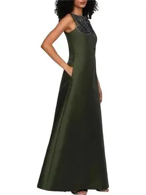 KAY UNGER Charlene Beaded Taffeta A-line Gown - Forest Elf
