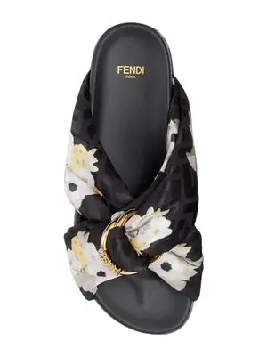 Fendi Feel Ff Satin Floral Slide Sandals - Nero Multi