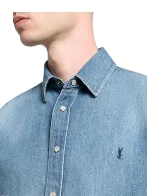 Saint Laurent Apos;s Colorado Embroidered Cassandre Snap-front Denim Shirt - Sky