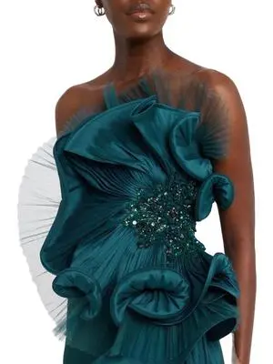 Badgley Mischka Satin Floral Strapless Column Gown - Pine