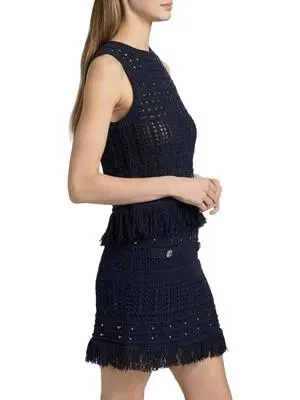 MILLY Beaded Fringe Knit Sleeveless Top - Navy