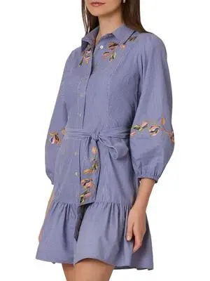 Shoshanna Gwen Floral-embroidered Pinstripe Poplin Mini Dress - Lapis Multi