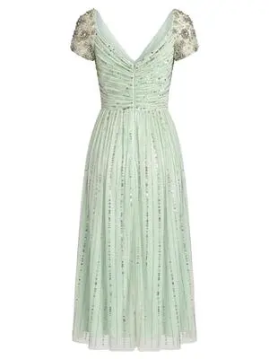 Mac Duggal Ruched Bead And Sequin Mesh Midi Dress - Sage