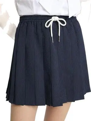 Thom Browne Pleated Seersucker Mini Drawstring Skirt Navy