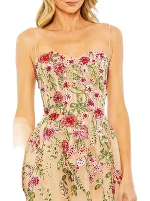 Mac Duggal Floral-embroidered Tulle Midi Dress - Nude Multi