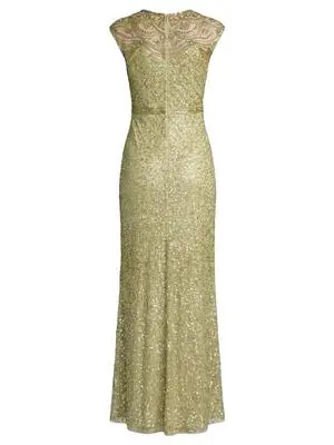 Mac Duggal Cap-sleeve Beaded Mesh Column Gown - Fern