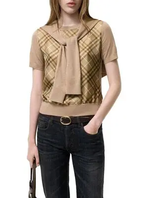 Burberry Short-sleeve Check Silk Paneled Crewneck Sweater - Camel