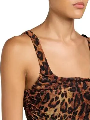 L & APOS;AGENCE Anya Shirred Leopard-print Mesh Sleeveless Midi Dress
