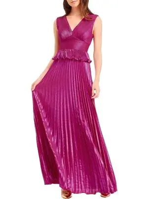 Dress The Population Liliana Pleated Metallic Satin Peplum Gown - Fuchsia