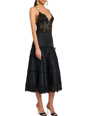 Retrofete Leilani Embroidered A-line Midi Dress - Black