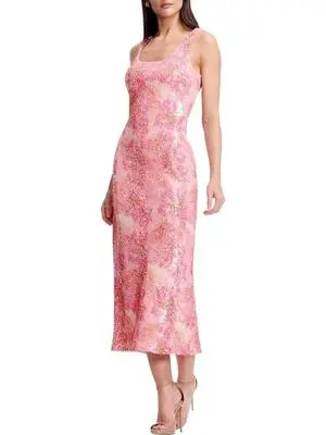 DRESS THE POPULATION Leo Sleeveless Floral Sequin Midi Dress