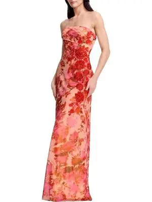 Dress The Population Kinley Strapless Floral-print Chiffon Gown - Peach Mult