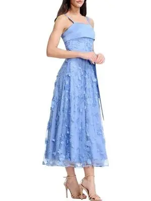 DRESS THE POPULATION Leona Embroidered Lace & Satin Midi Dress