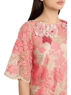 UNGARO Wren Scalloped Floral Lace Blouse - Coral Mult