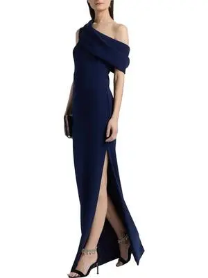 Amsale Draped One-shoulder Gown - Navy