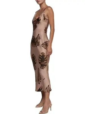L & APOS;AGENCE Akiya Leaf-print Satin Tank Maxi Dress - Hazelnut M