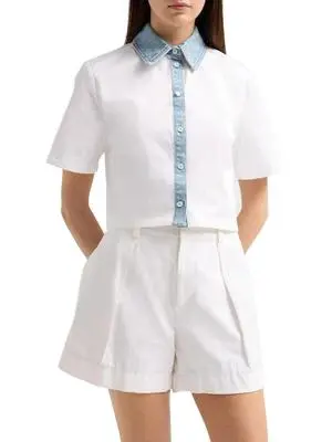 SEROYA Kelsie Stretch-cotton Denim-trim Top - White/coas