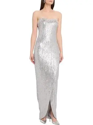 Pamella Roland Strapless Sequined Column Gown - Silver