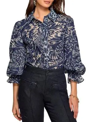 Ramy Brook Joy Blouson-sleeve Butterfly Burnout Blouse - Navy Burno