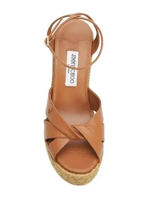 JIMMY CHOO Korra 100mm Leather & Raffia Wedge Sandals - Tan