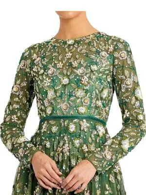 MAC DUGGAL Petite Long-sleeve Tulle Fit-and-flare Gown