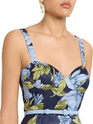 Aidan Mattox Floral Jacquard Sweetheart Midi Dress - Blue Multi