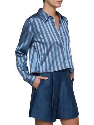 L & APOS;AGENCE Cosette Stripe Cropped High-low Shirt - Blue Multi