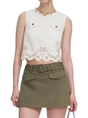 SELF-PORTRAIT Embroidered Denim Sleeveless Top - Ecru