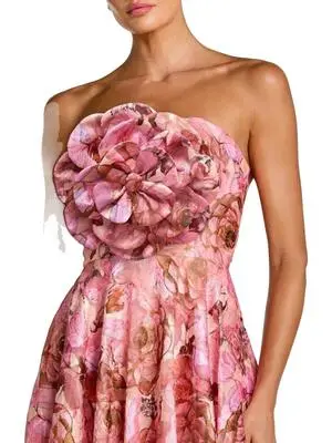 Mac Duggal Strapless Floral A-line Gown W/ 3d Flower - Rose Multi