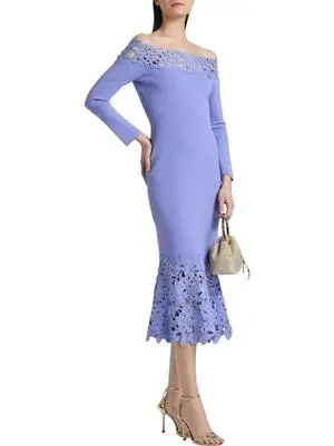 Theia Sia Off-shoulder Lace & Knit Midi Dress - Deep Periw