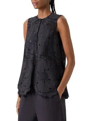 Akris Flower Eyelet Embroidered Cotton Poplin Tunic Blouse - Black