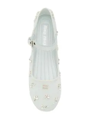 Miu Miu Embellished Canvas Mary Jane Ballerina Flats Blue
