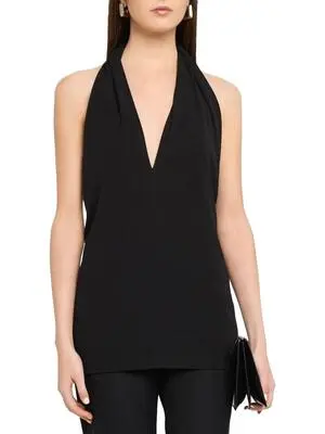 TOTEME Plunging Twisted Jersey Halter Top - Black