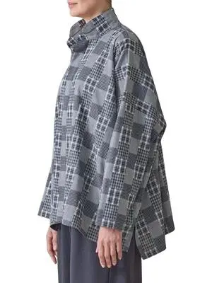 Eskandar Multi-plaid Cotton Wide Longer Back Shirt Jacket - Navydark