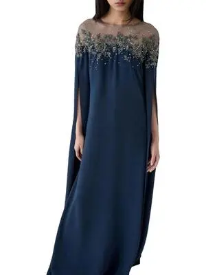 Carolina Herrera Embroidered Split-sleeve Illusion Gown - Midnight