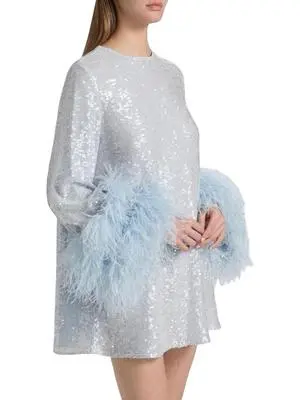 Lapointe Feather Cuff Long-sleeve Sequined Mini Shift Dress - Cloud