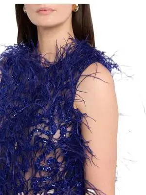 Lapointe Sleeveless Feather Sequined Tulle Crop Top - Indigo
