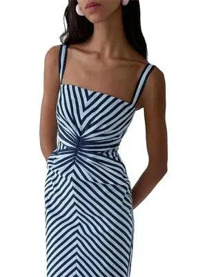 Carolina Herrera Sleeveless Striped Gathered-waist Midi Dress - Cloudy Blue Multi