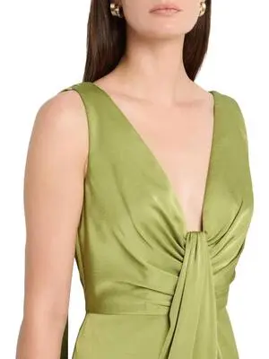 Aidan Mattox Draped Plunging Crepe Back Satin Gown - Fern