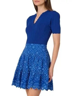 Shoshanna Fallon Eyelet-embroidered Mixed Media Mini Dress - Blu/marina