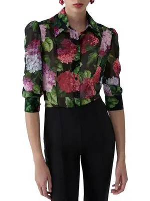 Carolina Herrera Semi-sheer Floral Buttoned Blouse - Black Multi