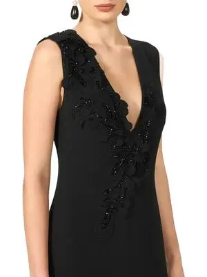 Costarellos Jevi Embellished V-neck Crepe Sleeveless Column Gown - Black