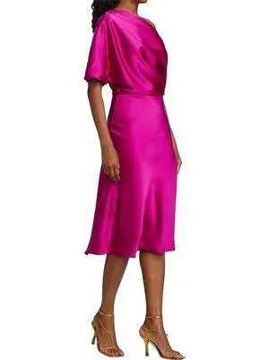 Amsale Draped Satin One-shoulder Midi Dress - Fuchsia