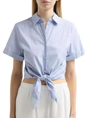 Theory Pinstripe Cotton-blend Tie Shirt - Blue Multi