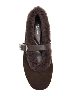 Rag & Bone Spire Shearling-lined Suede Mary Jane Ballerina Flats Dark Choco