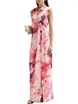 Aidan Mattox Floral Sateen A-line Maxi Dress - Pink Multi